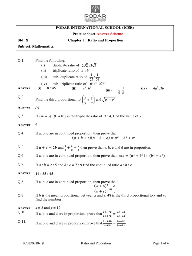 PS As ICSE Std 10 Math Ratio And Proportion Ratio Mathematical 