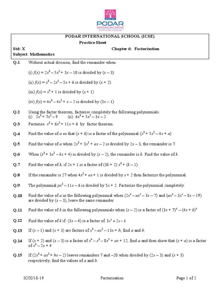 PS QP IC X Math Factorisation | PDF | Factorization | Number Theory