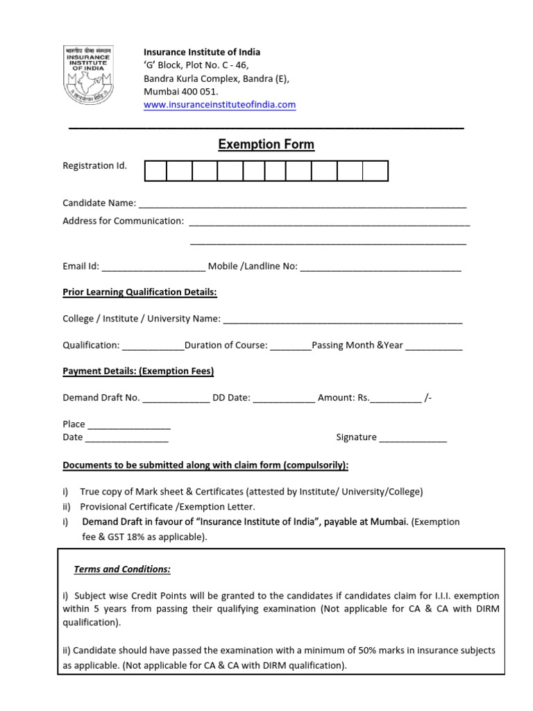 Exemption Form: Insurance Institute of India | PDF