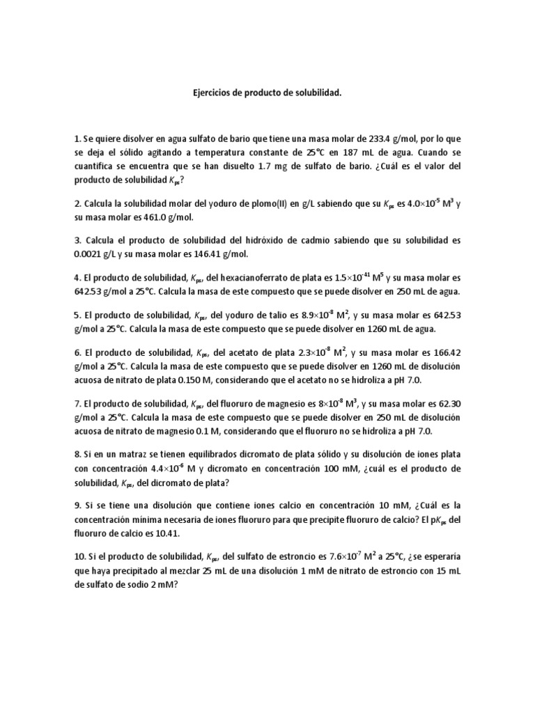 Ejercicios de Equilibrios de Solubilidad PDF | PDF | Concentración | Cloruro