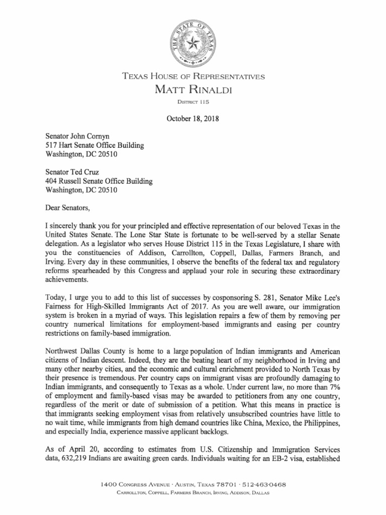 Representative Matt Rinaldi's Letter To Senator John Cornyn | PDF