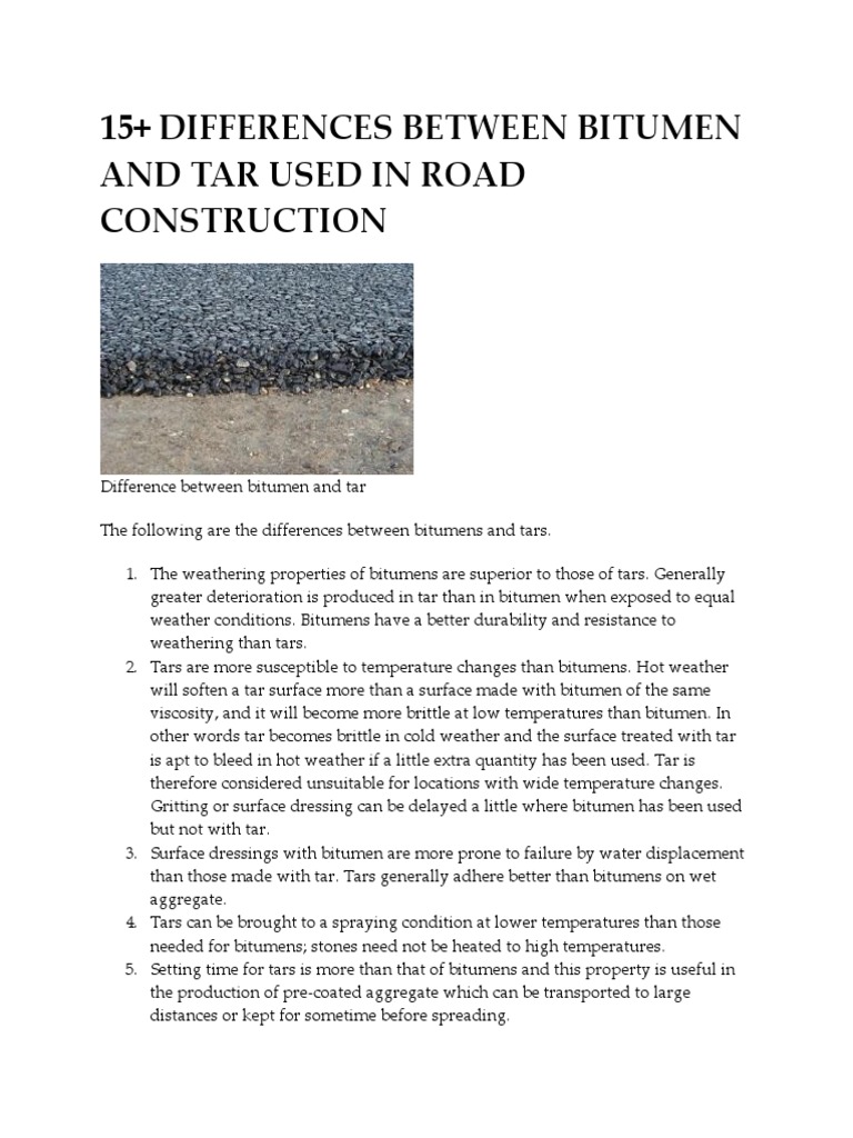 Differences Between Bitumen and Tar Used in Road Construction | PDF ...