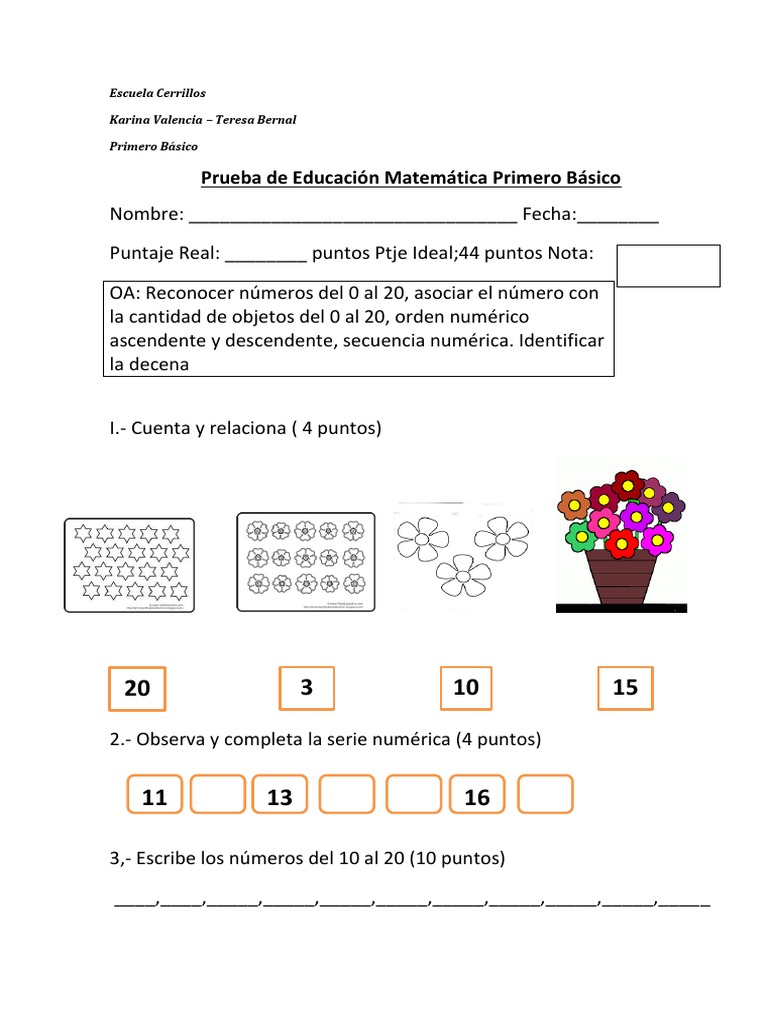 Prueba Matemática Primero Básico | PDF | Finanzas y dinero | Métodos y ...