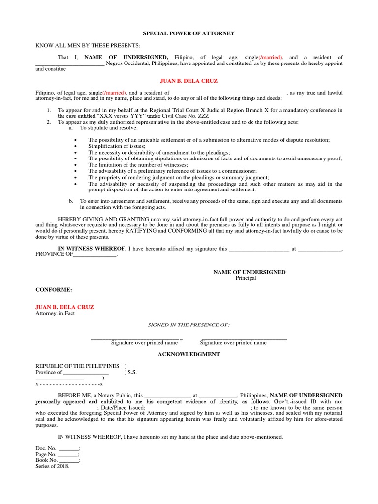 SPA - Sample Case Representation | Power Of Attorney | Signature