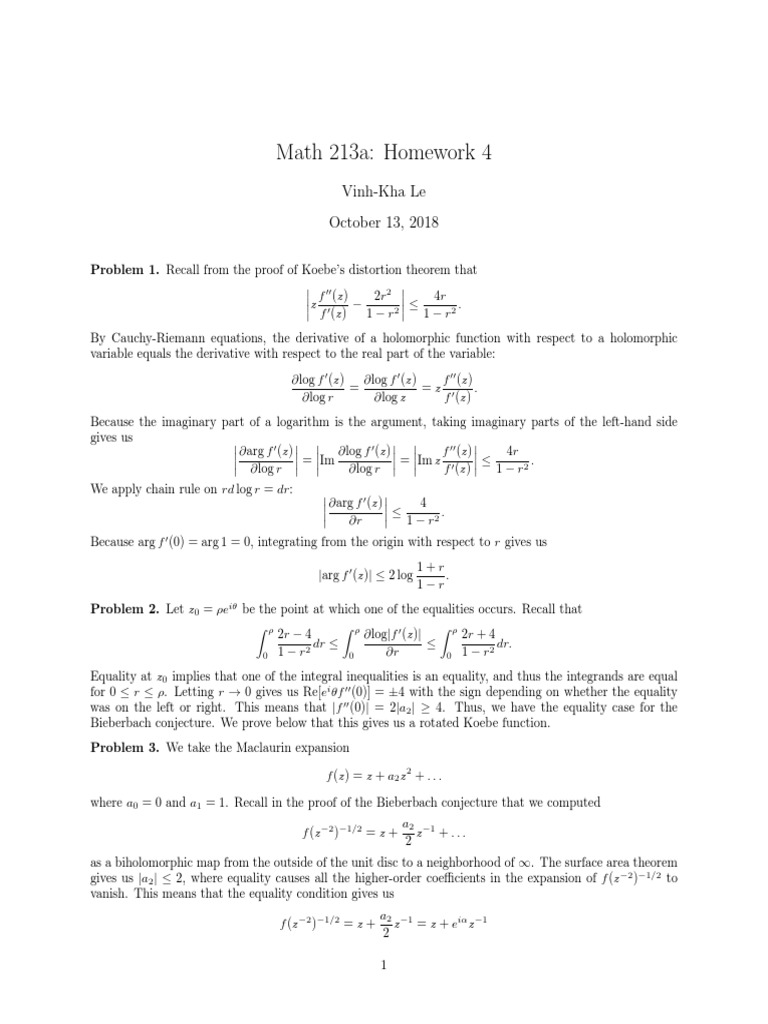 Math 213a: Homework 4: Vinh-Kha Le October 13, 2018 | PDF | Holomorphic Function | Vector Space
