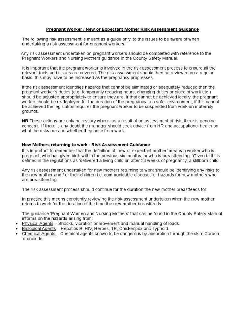 Pregnant Worker / New or Expectant Mother Risk Assessment Guidance ...