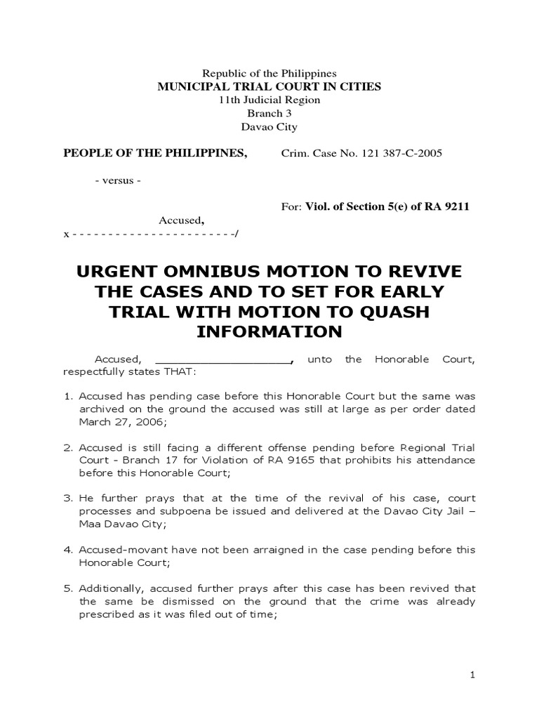 Motion To Revive Case With Dismissal | PDF | Statute Of Limitations ...