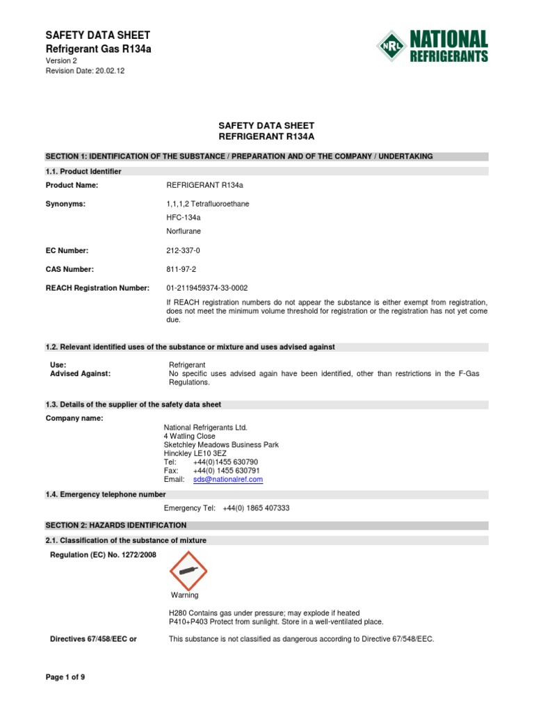 MSDS R134a | Toxicity | Oxygen