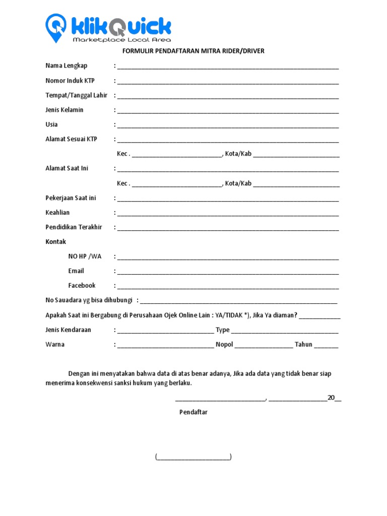 Formulir Pendaftaran Mitra Rider-Driver | PDF