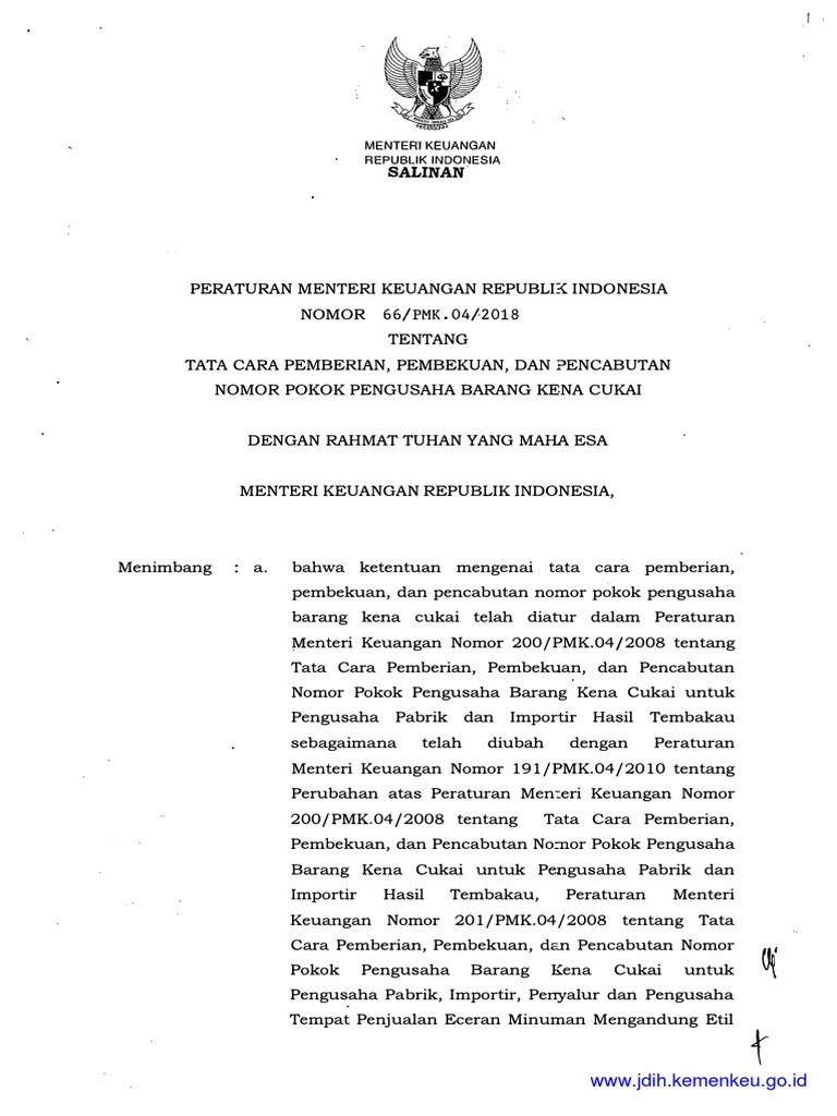 PMK 66-PMK04-2018 Tentang NPPBKC | PDF