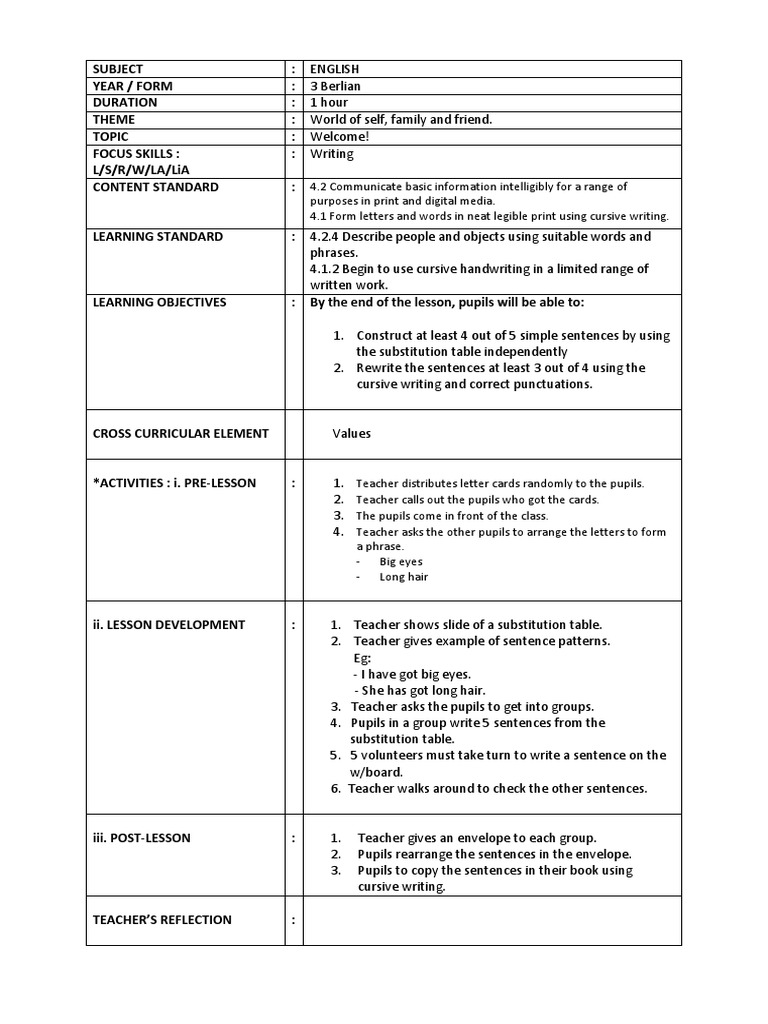 Subject Year / Form Duration Theme Topic Focus Skills: L/S/R/W/La/Lia ...
