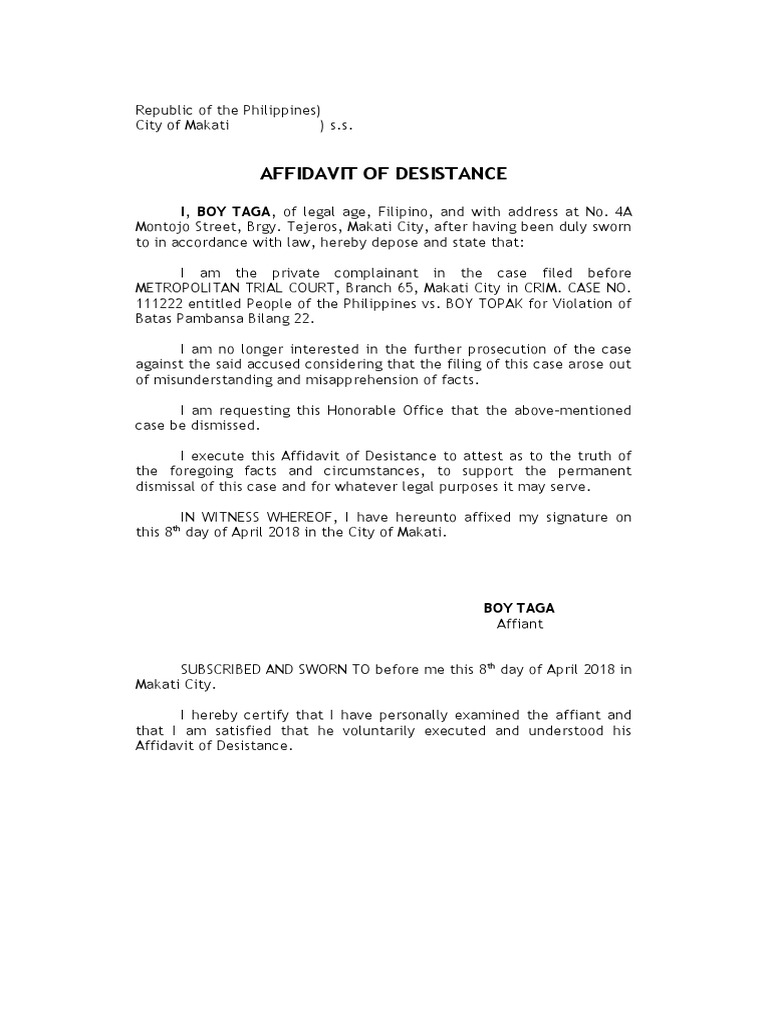 Sample Affidavit of Desistance in BP 22 | PDF