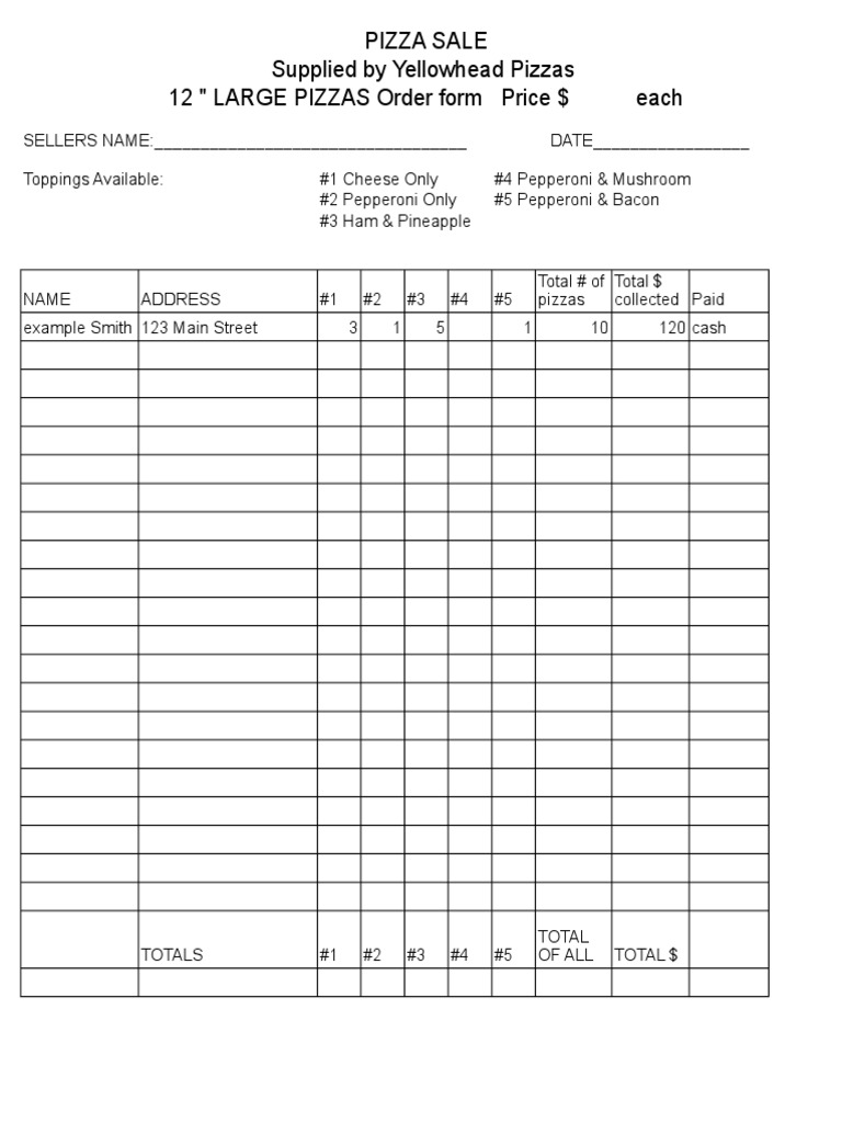 Order Form for Large Pizzas from Yellowhead Pizzas Detailing Topping ...