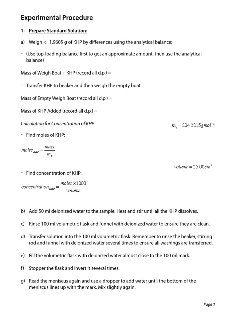 Experimental Procedure: 1. Prepare Standard Solution | PDF | Titration ...