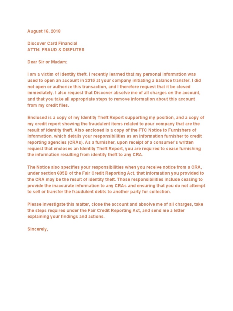 Identity Theft Dispute Letter to Discover | PDF