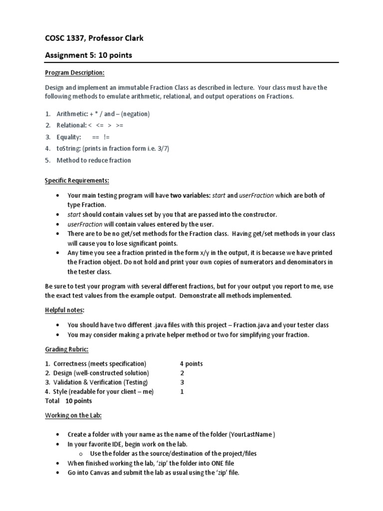 Cosc 1337 Professor Clark Assignment 5 10 Points Pdf Fraction