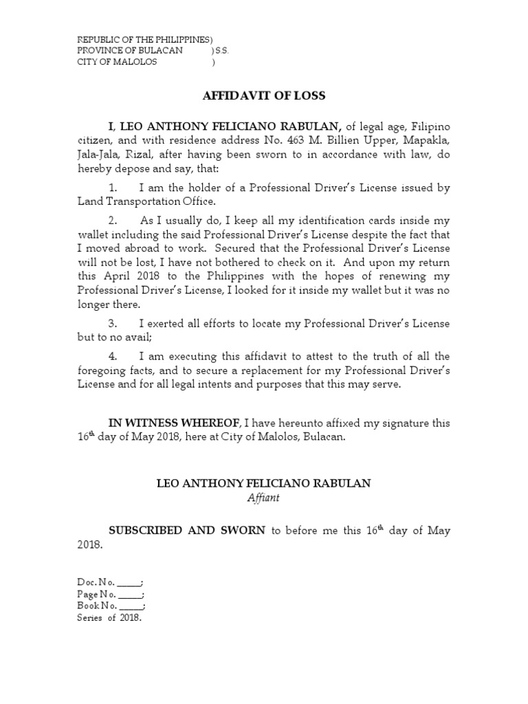 Affidavit of Lost Professional Driver's License | PDF