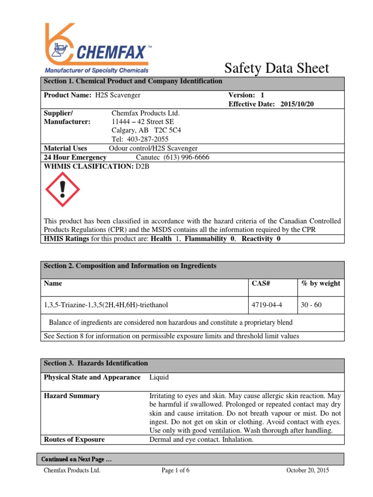 H2S Scavenger SDS PDF | PDF | Fires | Personal Protective Equipment