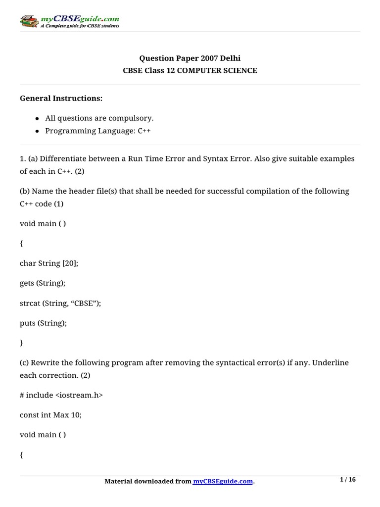 12 Computer Science Lyp 2007 Delhi | PDF | Subroutine | Computer Engineering