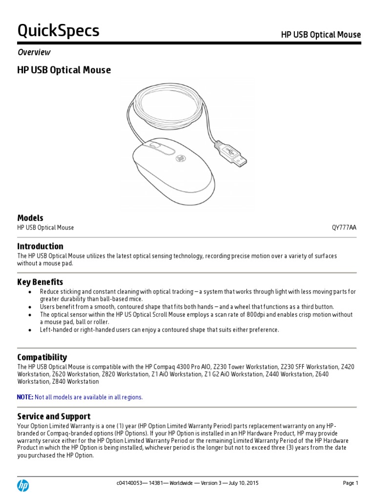 Quickspecs: HP Usb Optical Mouse | PDF | Microsoft Windows | Windows Vista