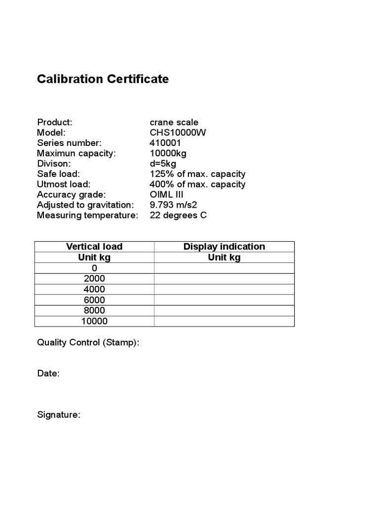 Calibration Certificate: Vertical Load Display Indication Unit KG Unit ...