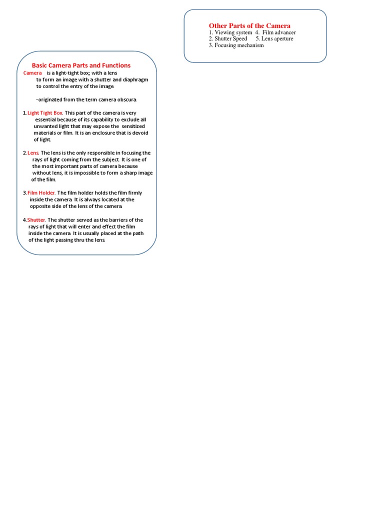 Basic Camera Parts and Functions | PDF | Shutter (Photography) | Camera