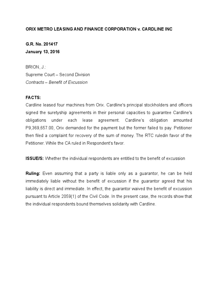 Orix Metro Leasing v. Cardline Inc. Case Summary | PDF