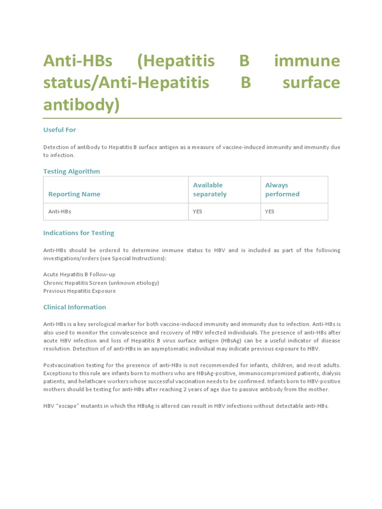Anti-Hbs (Hepatitis B Immune Status/Anti-Hepatitis B Surface Antibody ...
