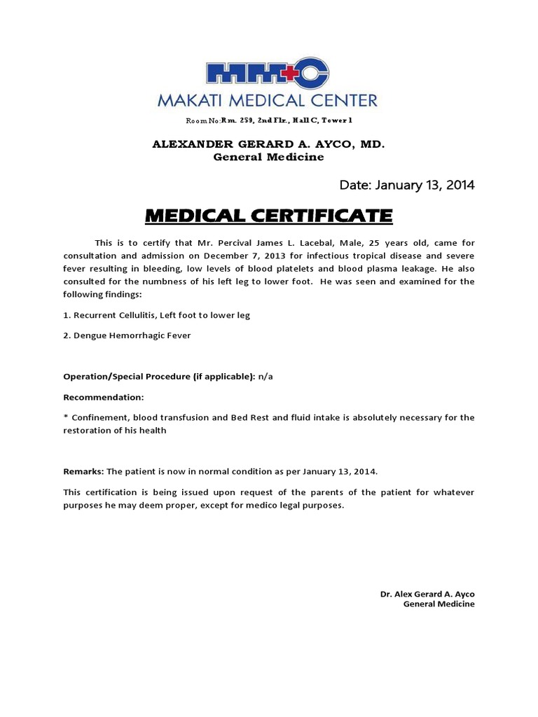 Medical Certificate for Dengue Fever and Cellulitis | PDF