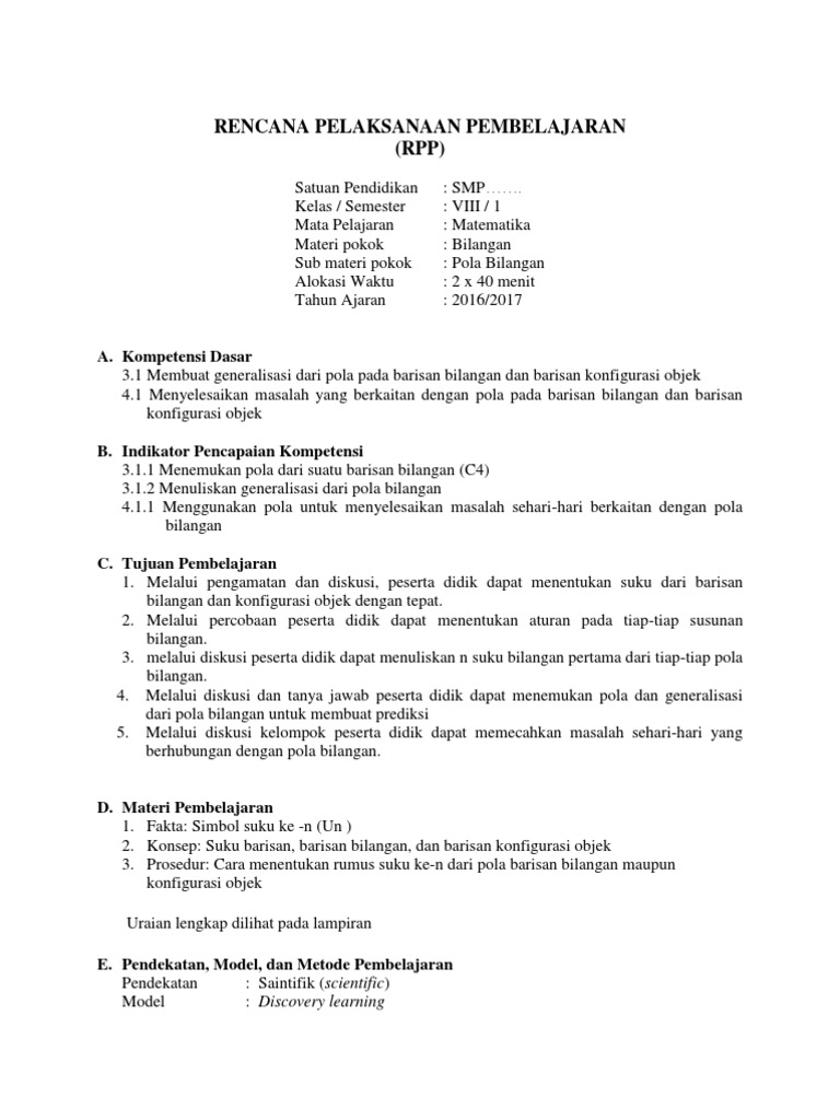Contoh RPP Pola Bilangan (Disc Learning) 2016 - CM | PDF