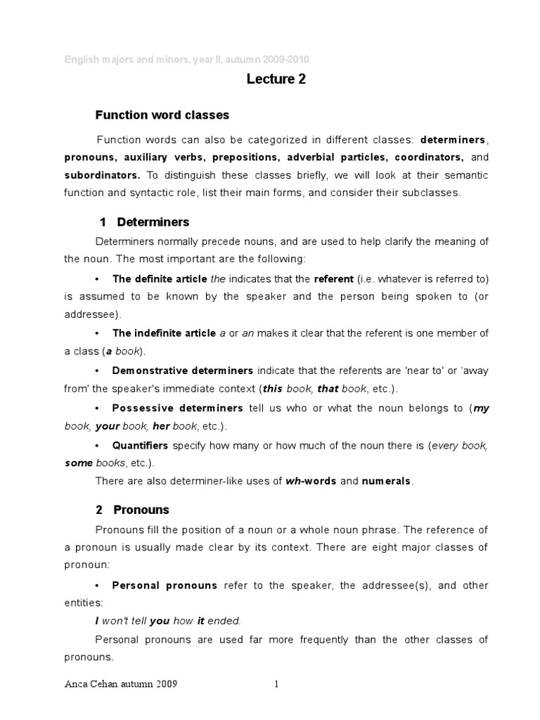 Lecture 2 Function Words Pdf Preposition And Postposition Pronoun