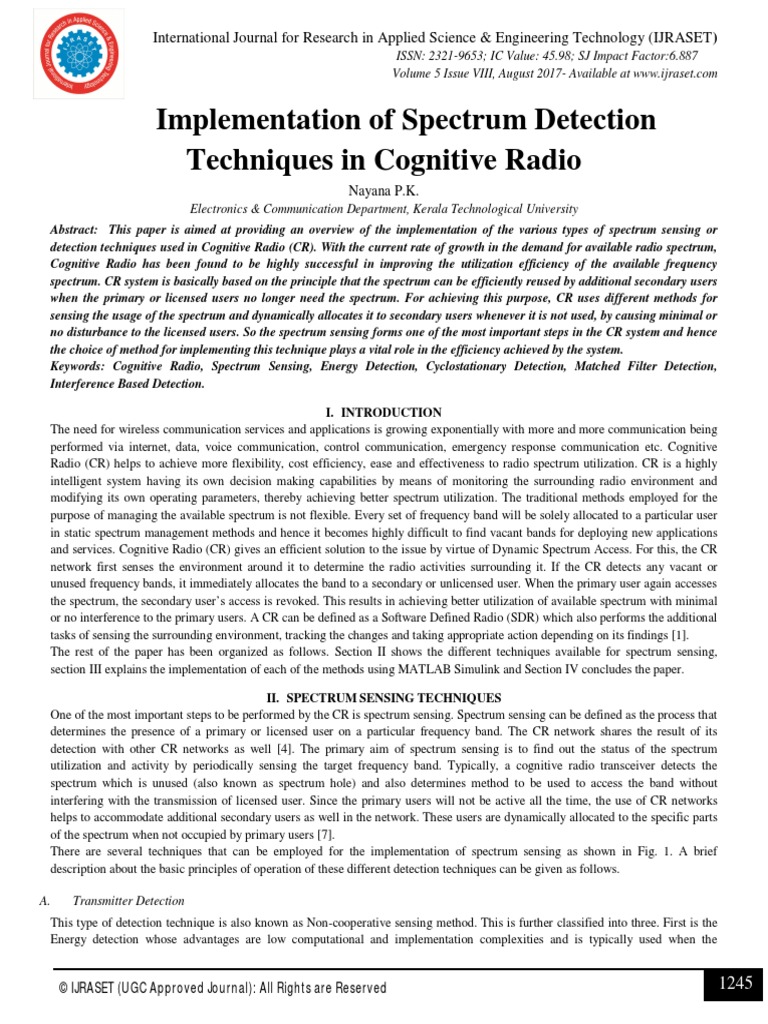 Implementation of Spectrum Detection Techniques in Cognitive Radio | PDF | Cognitive Radio ...