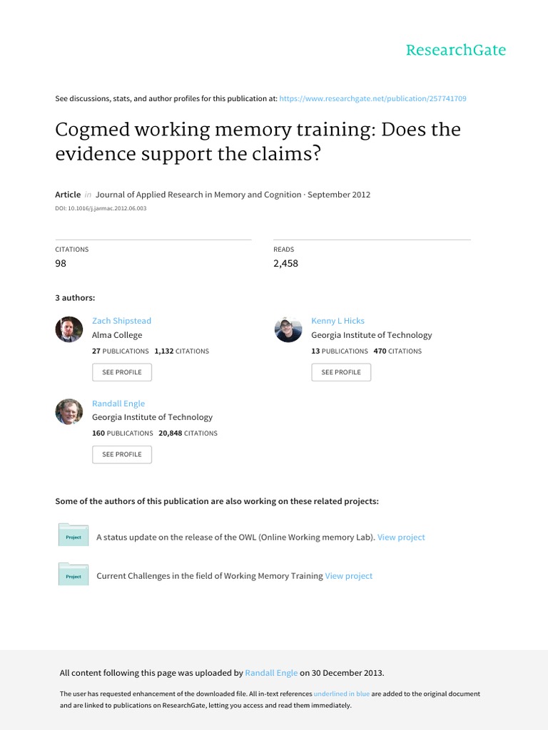 Cogmed Working Memory Training Does The Evidence S | PDF | Working ...