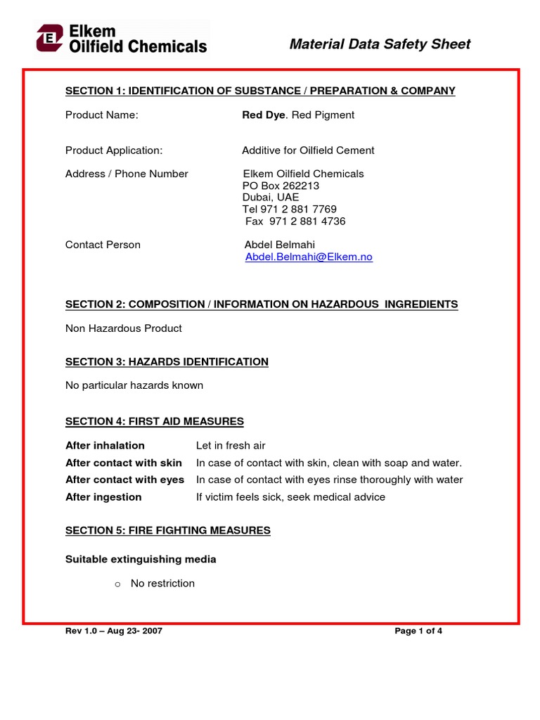 Red Dye Msds | PDF | Chemistry | Safety