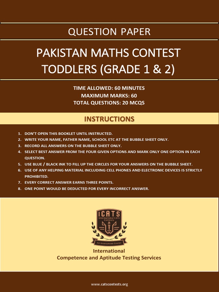 Pakistan Maths Contest Toddlers (Grade 1 & 2) : Paper | PDF | Teaching ...