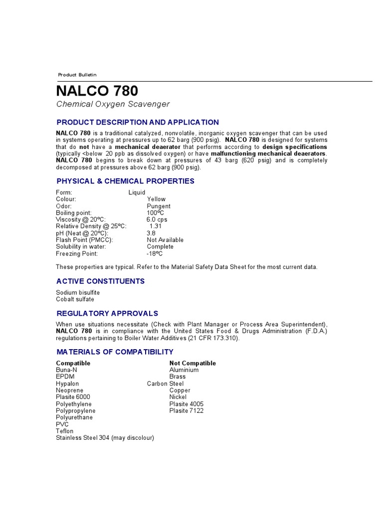 NALCO 780: Chemical Oxygen Scavenger | PDF | Chemical Process ...