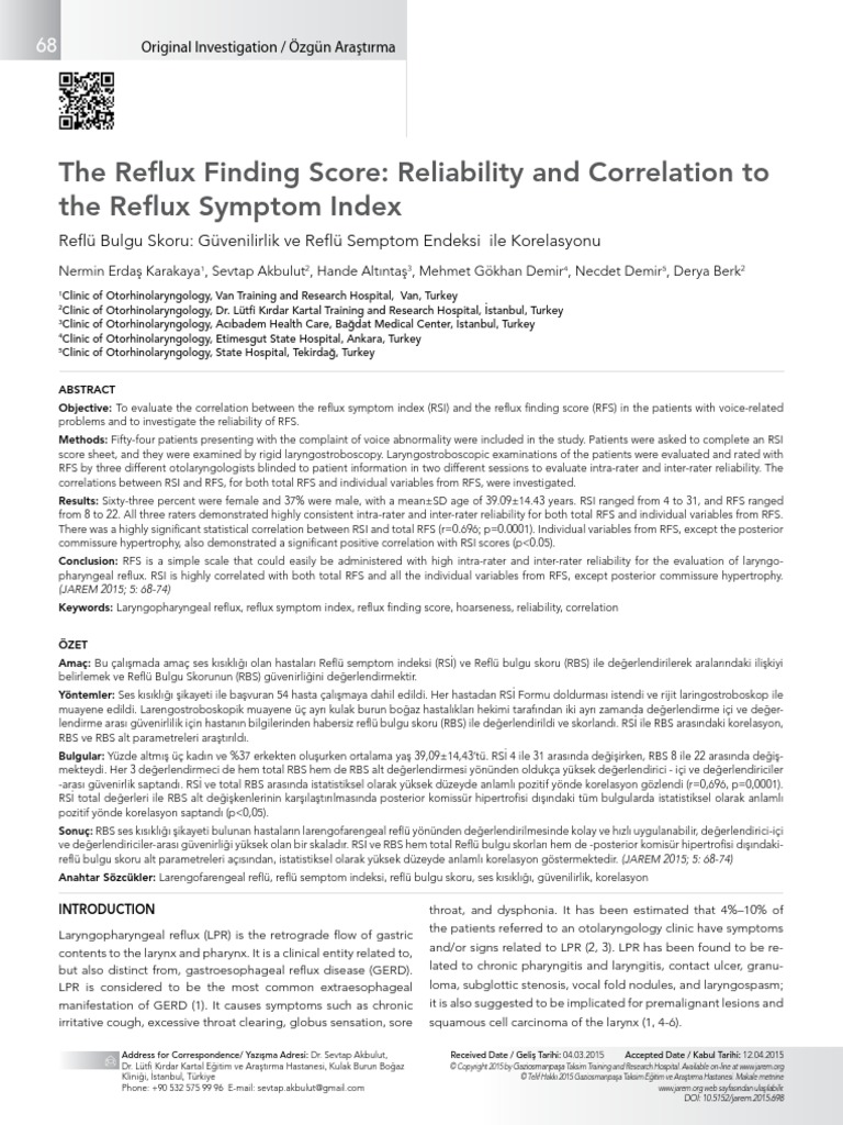The Reflux Finding Score: Reliability and Correlation To The Reflux ...