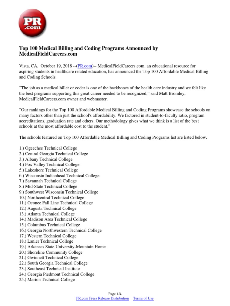 Top 100 Affordable Medical Billing Schools | PDF | Press Release ...