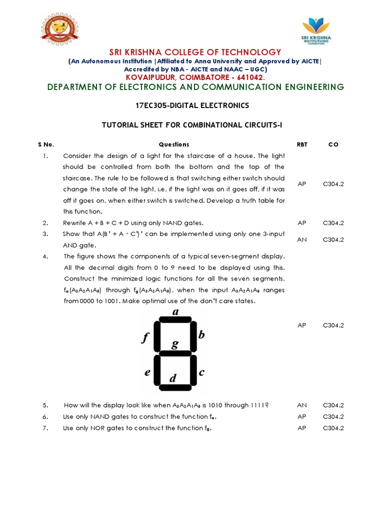 Combinational Circuits Tutorial Sheet | PDF | Computers