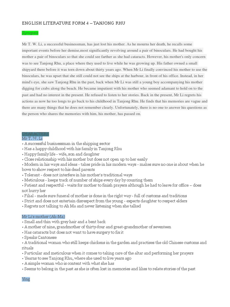 English Literature Form 4 - Tanjong Rhu: Synopsis | PDF