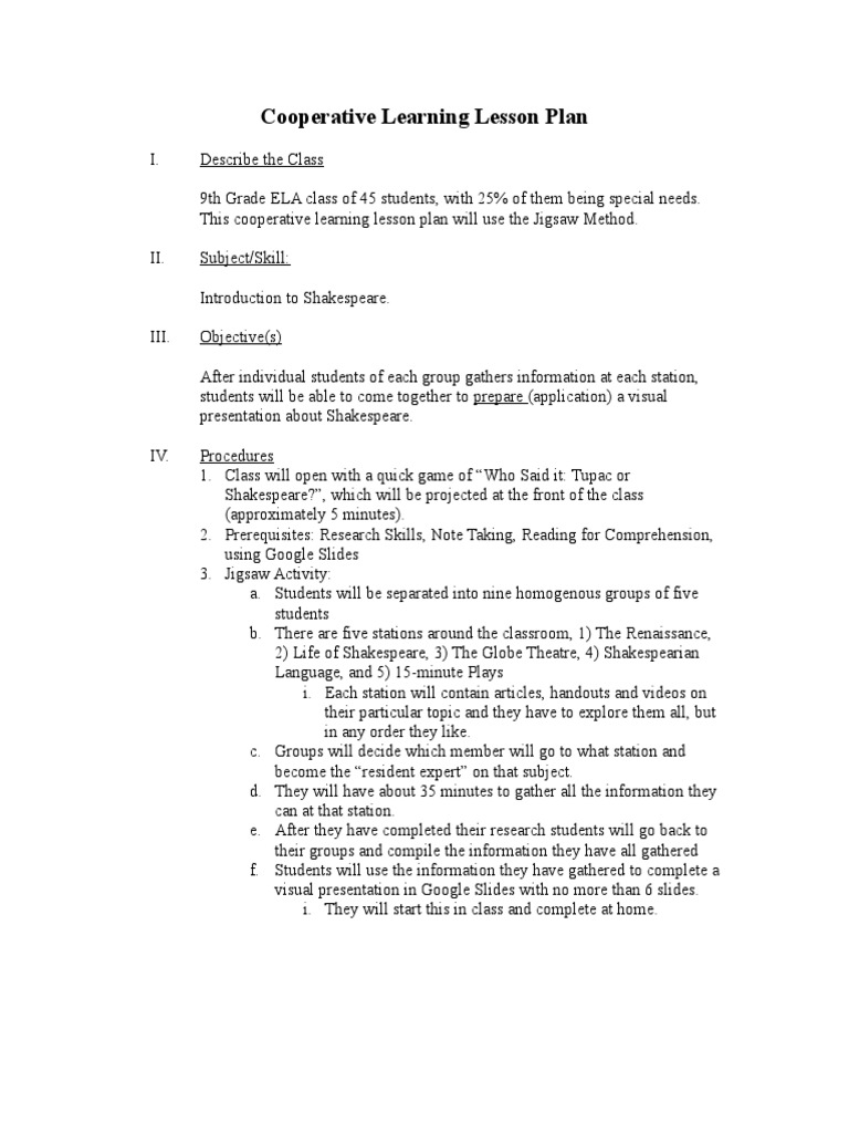 Cooperative Learning Lesson Plan | PDF | Lesson Plan | William Shakespeare