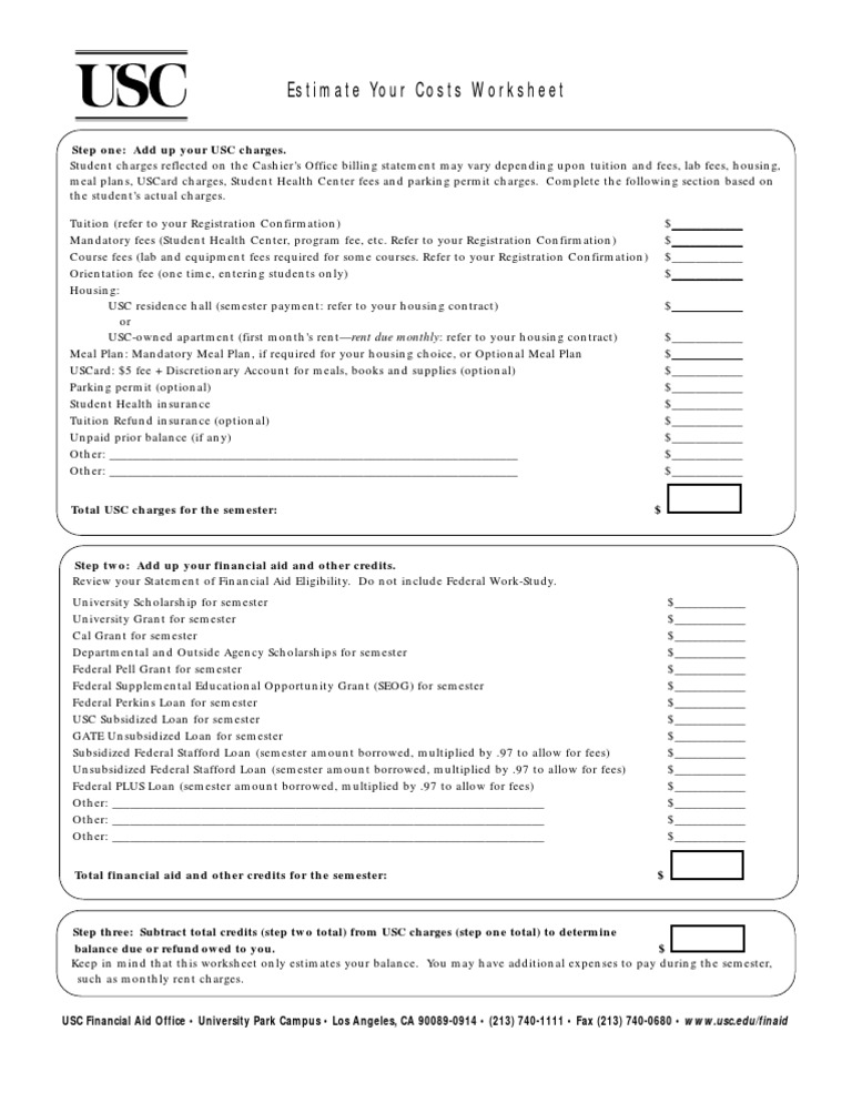 USC Charges and Financial Aid Calculator | PDF