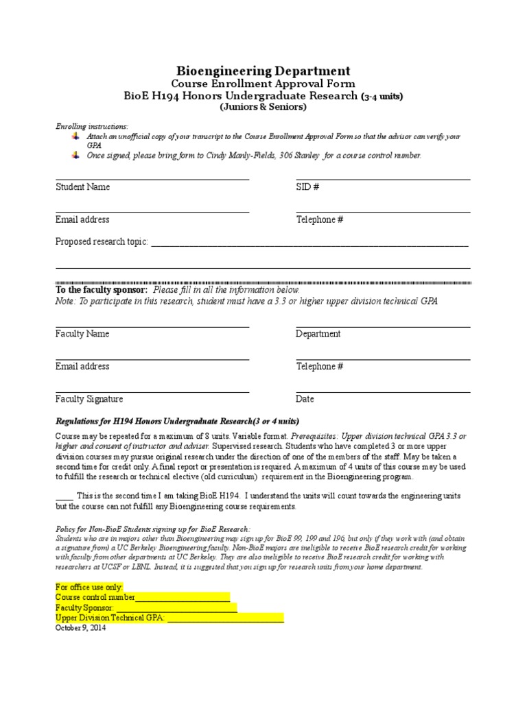 Bioengineering Department: Course Enrollment Approval Form Bioe H194 ...