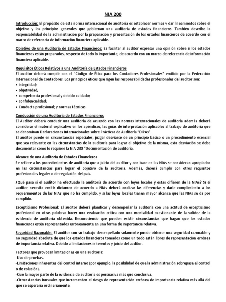 Resumen - NIA 200 | Auditoría | Contralor, auditor