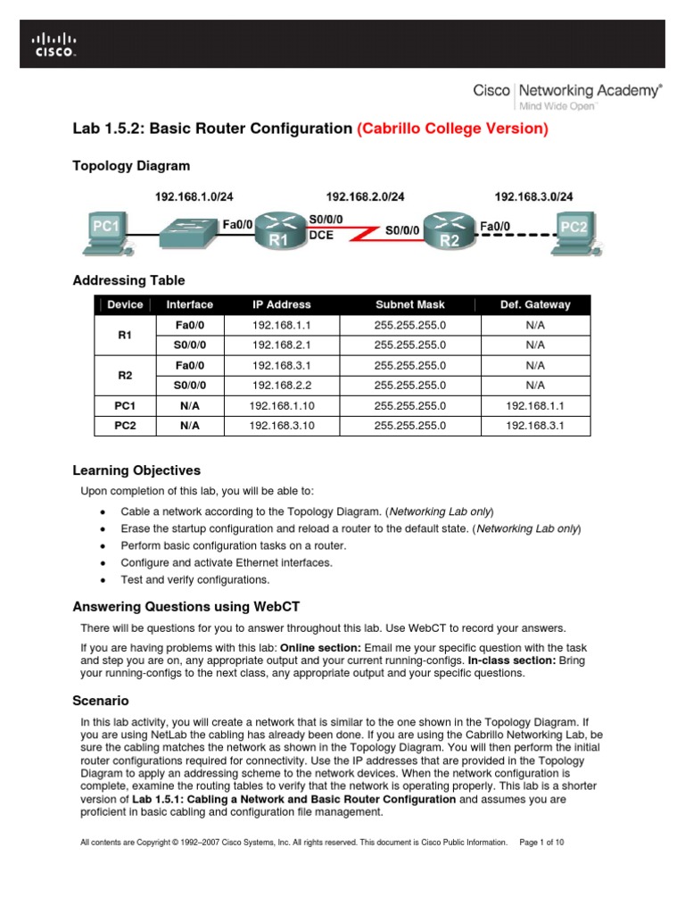 Lab 1.5.2: Basic Router Configuration: Topology Diagram | PDF | Router ...