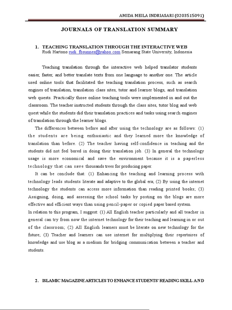 Journals of Translation Summary: 1. Teaching Translation Through The ...