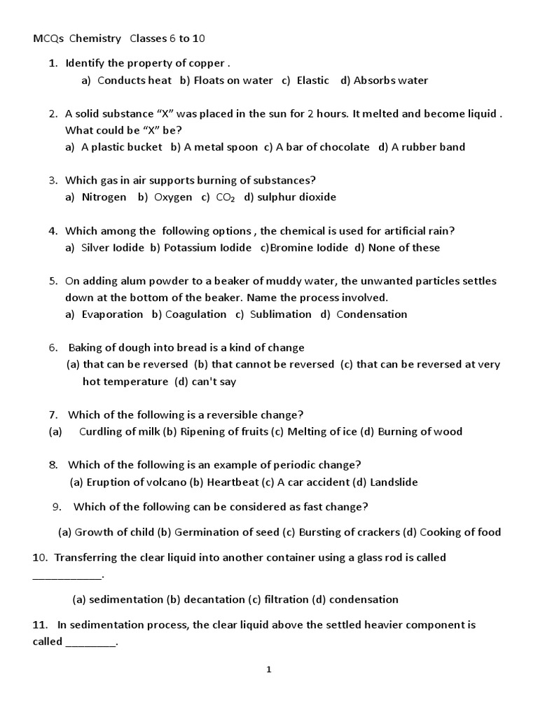 MCQs Chemistry Class 6 To 10 | PDF | Atoms | Boron