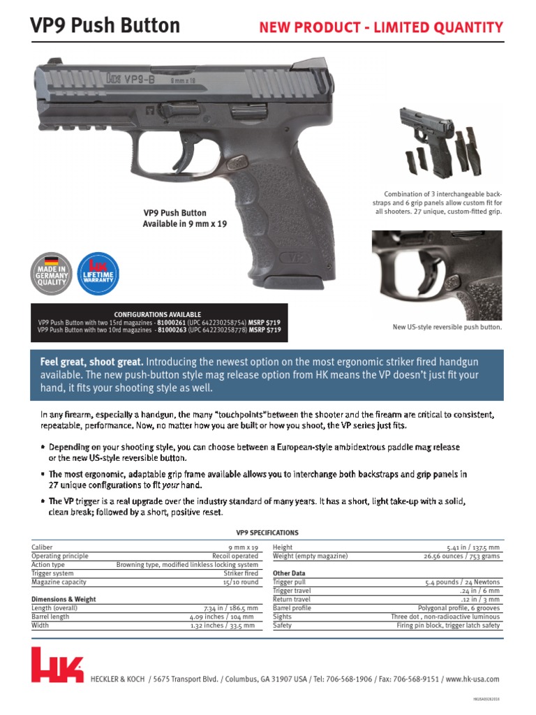 HK VP9 Push Button Specs & Features | PDF | Handgun | Trigger (Firearms)