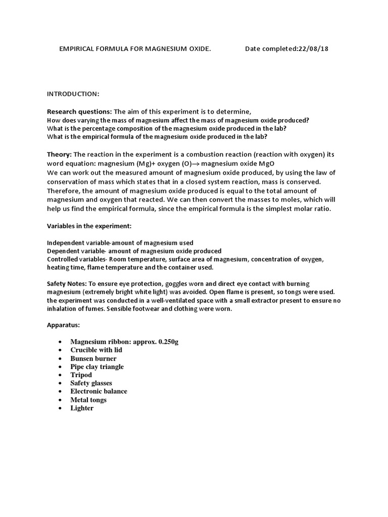 Empirical Formula of Magnesium Oxide | PDF | Magnesium | Accuracy And ...