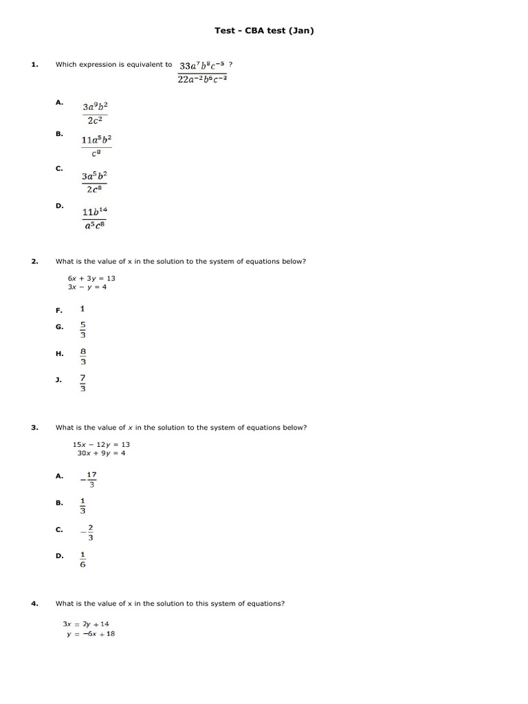 Algebra System of Equations Test | PDF